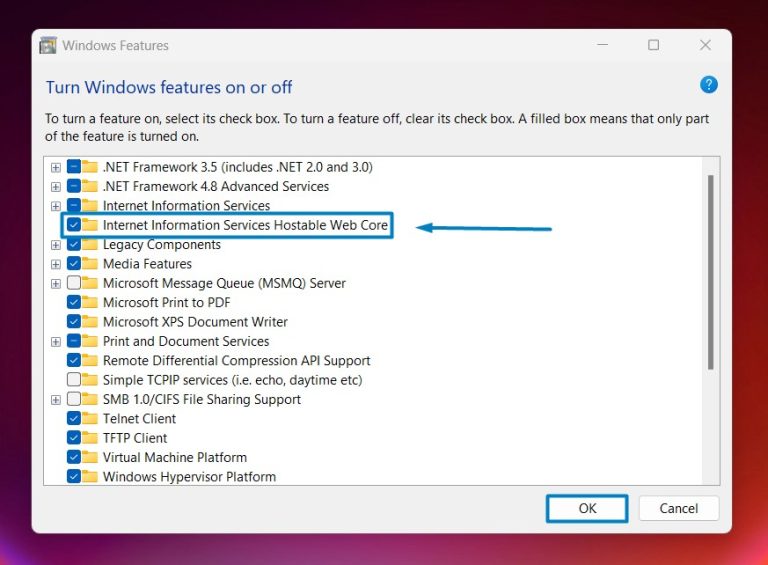 Enable Internet Information Services Hostable Web Core